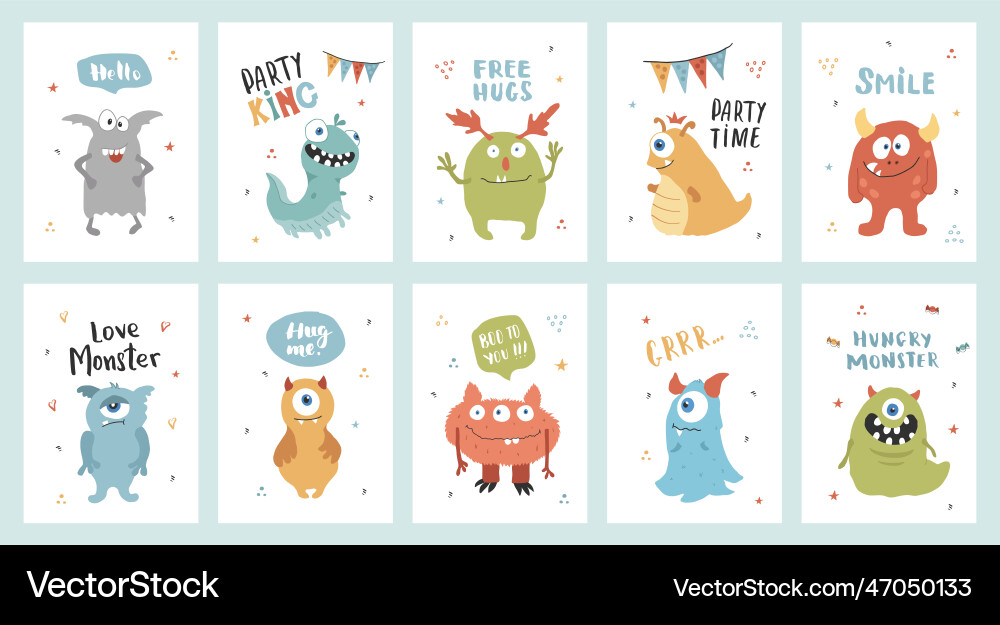 Cute monsters cards set cartoon Royalty Free Vector Image