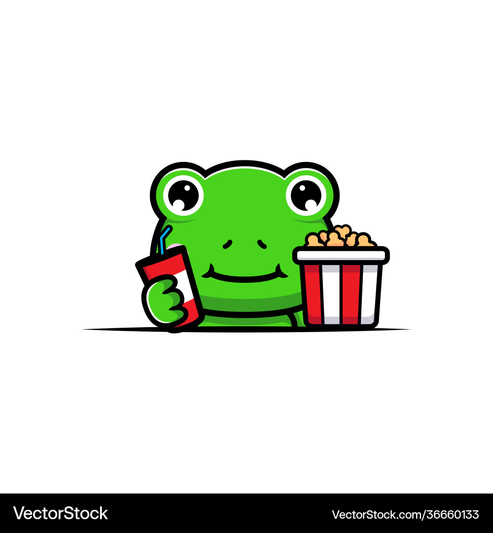 Design süße Frosch mit Popcorn und Getränk Vektorbild