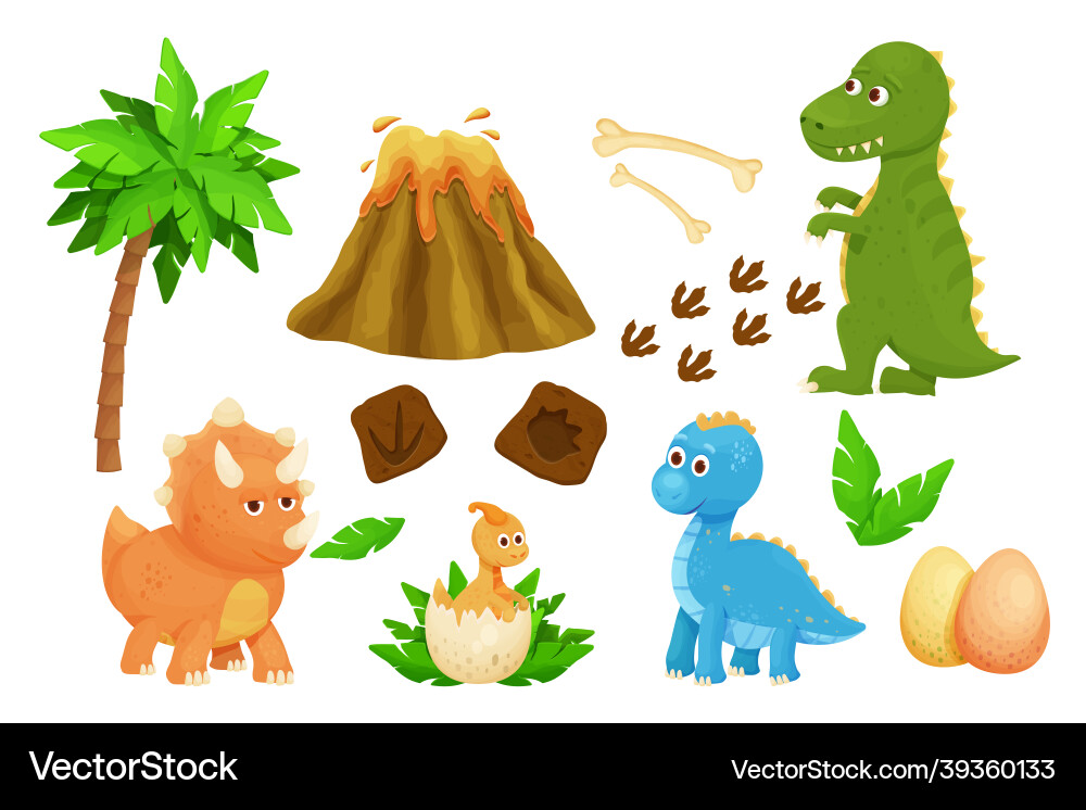 Set cute baby dinosaurs with dino egg footprint Vector Image