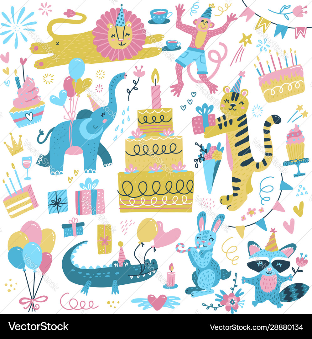 Cute Birthday Party Animals Royalty Free Vector Image