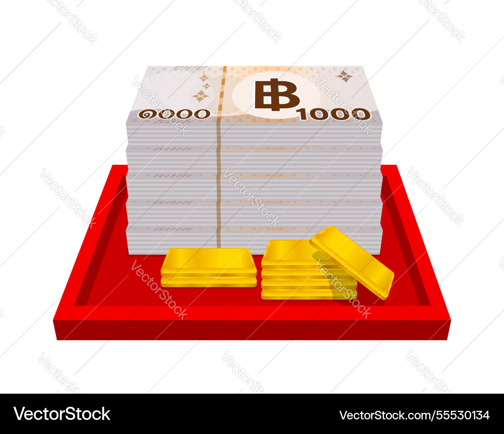 Gold bars and stack thai money bullion Royalty Free Vector