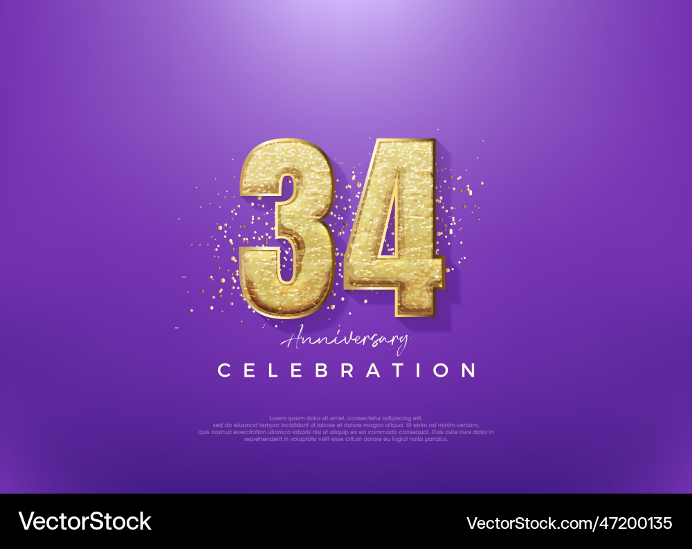 34th anniversary number with shiny gold glitter Vector Image