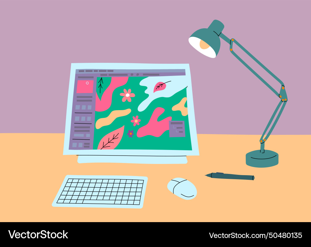 Cartoon color table with graphic tablet Royalty Free Vector