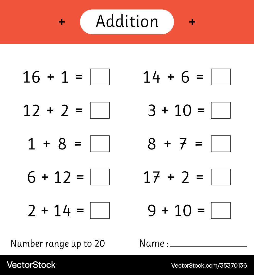 Addition number range up to 20 mathematics math Vector Image