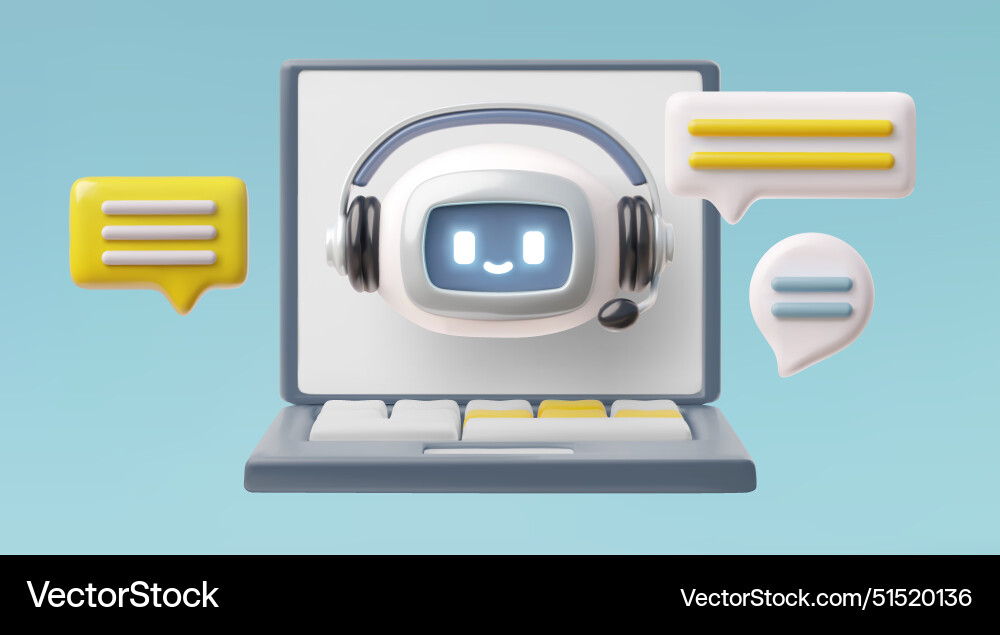 Chatbot support 3d robot head on laptop Royalty Free Vector
