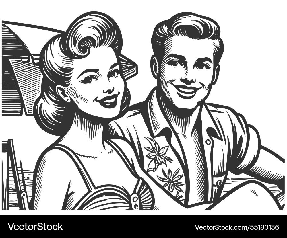 Couple on beach engraving Royalty Free Vector Image