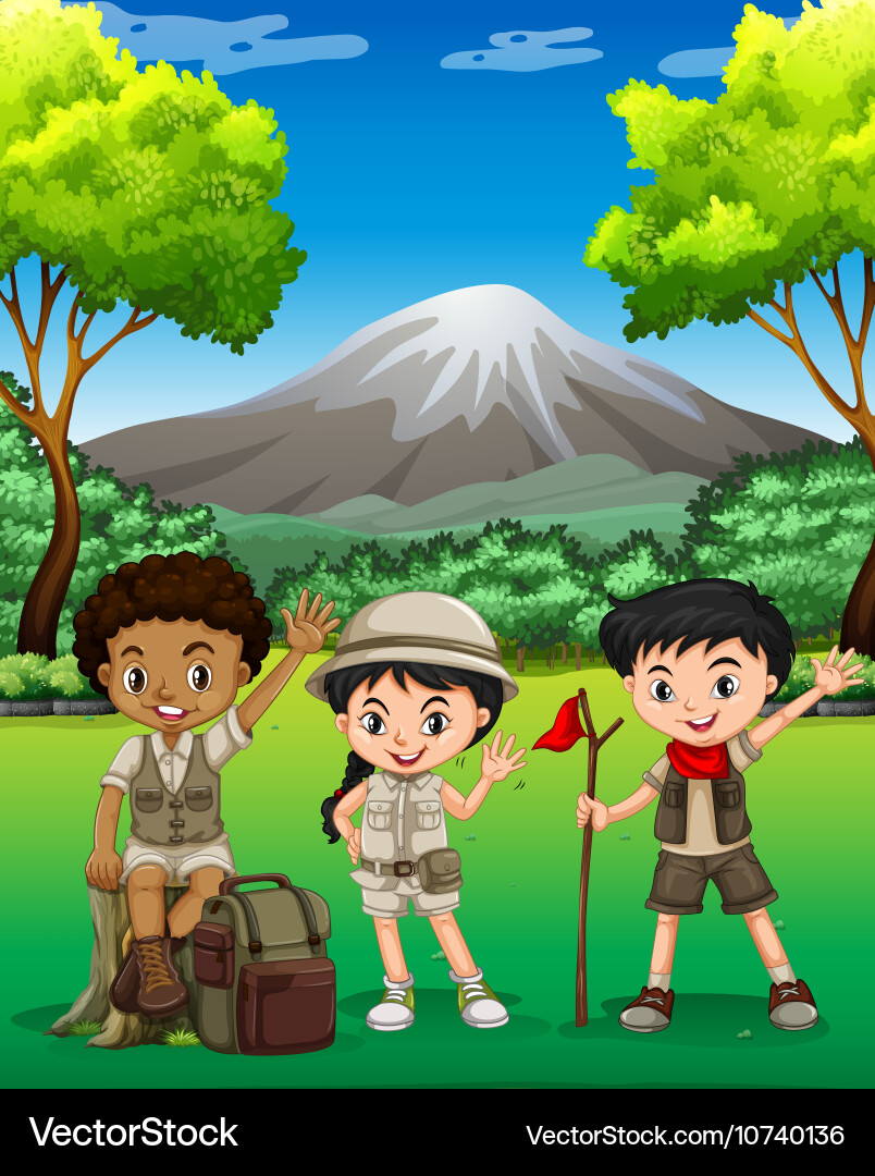 Kids Hiking in a Forest Landscape Royalty Free Vector Image