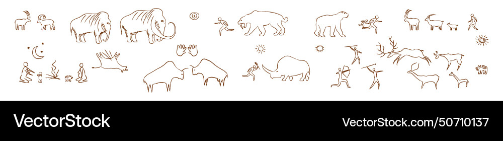 Ancient prehistoric rock paintings outline Vector Image