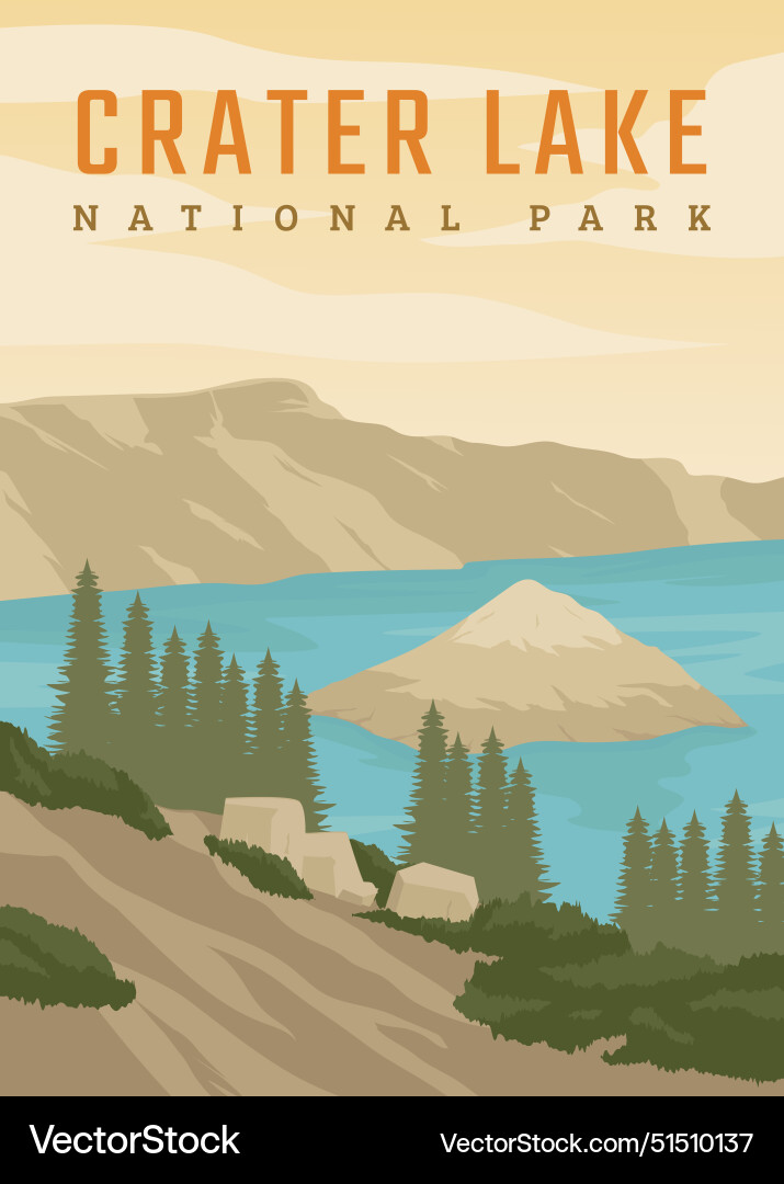 Crater lake poster vintage design national park Vector Image