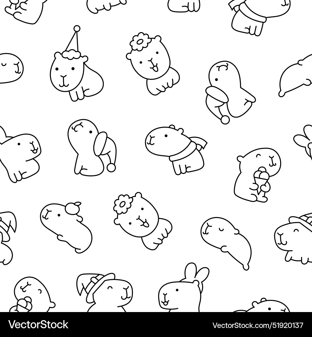 Cute capybara seamless pattern coloring page Vector Image