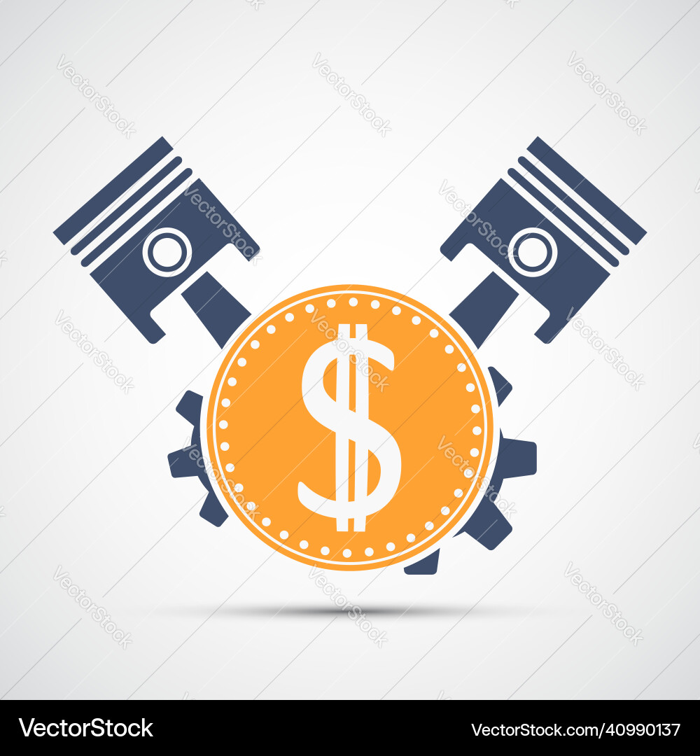 Dollar coin icon in front of engine pistons Vector Image