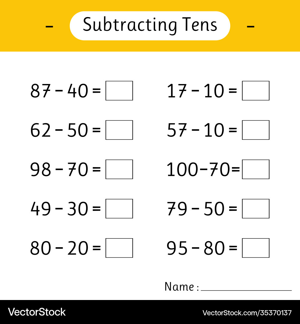 Subtracting tens math worksheets for kids school Vector Image