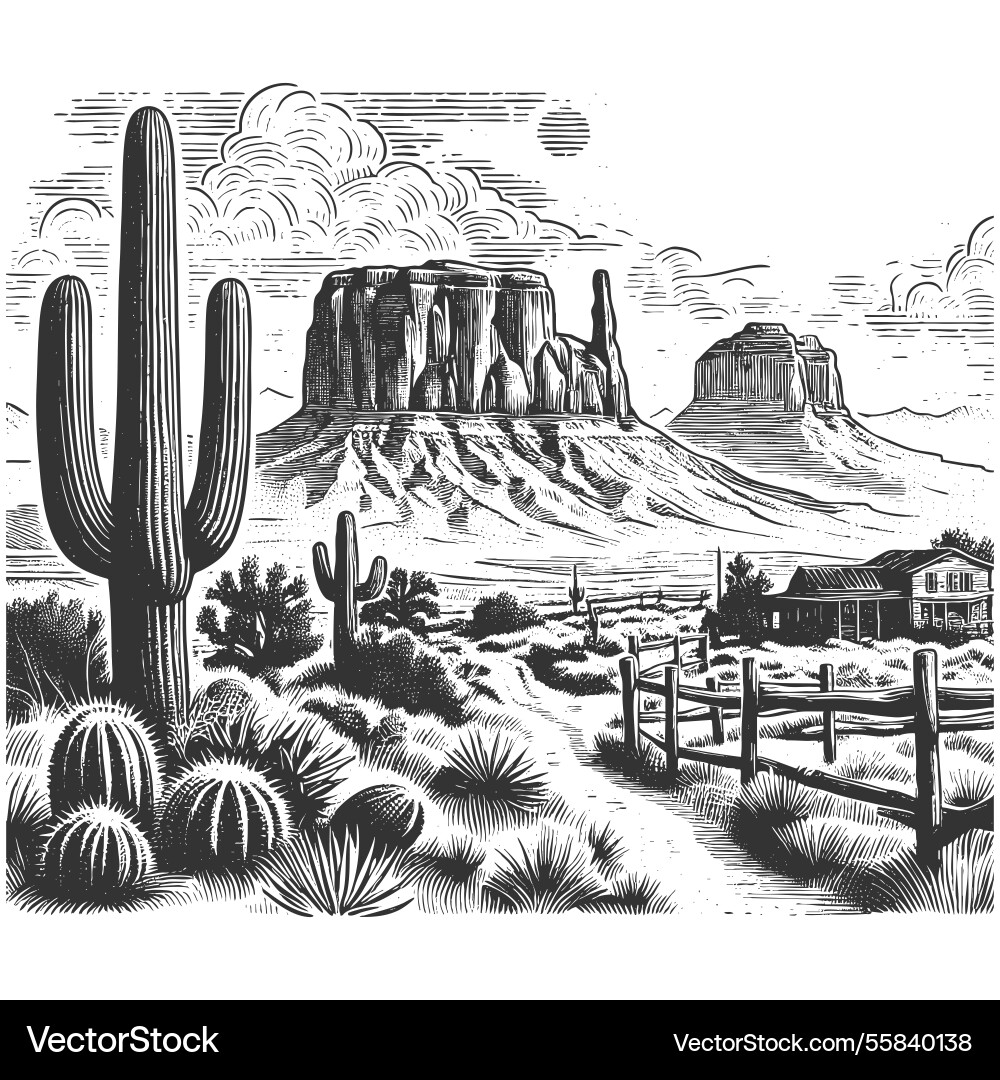 Desert Plateau Engraving Royalty Free Vector Image