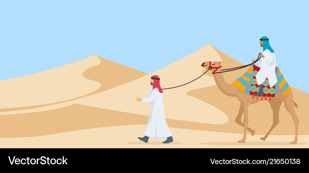 Two guy riding and walking their camel trough Vector Image