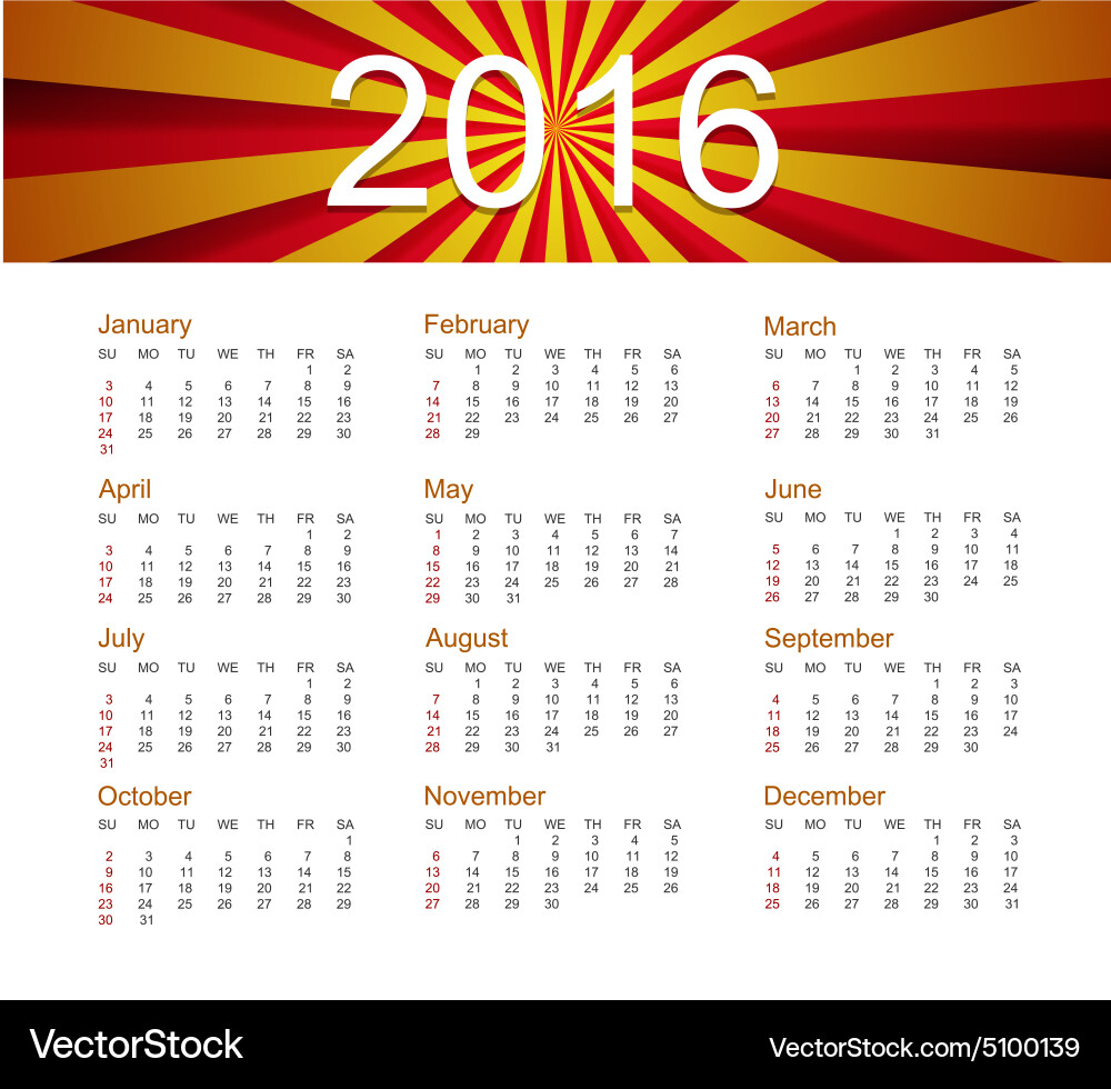 Calendar for 2016 year Royalty Free Vector Image