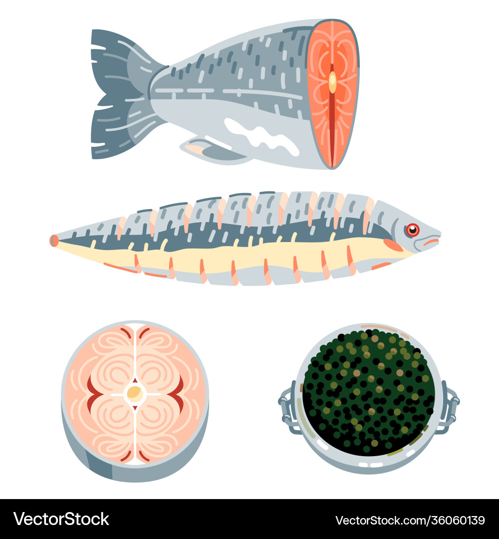 Different parts fish and caviar Royalty Free Vector Image