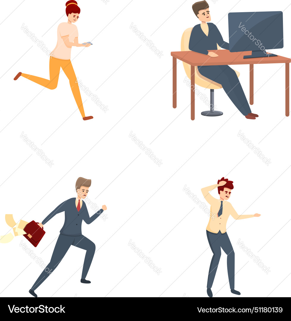 Rush job icons set cartoon hurrying Royalty Free Vector