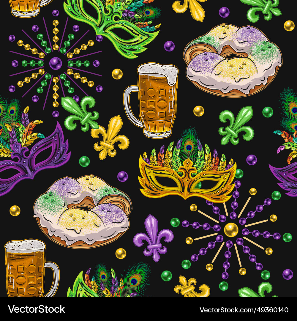 Mardi gras pattern with king cake beer masks Vector Image