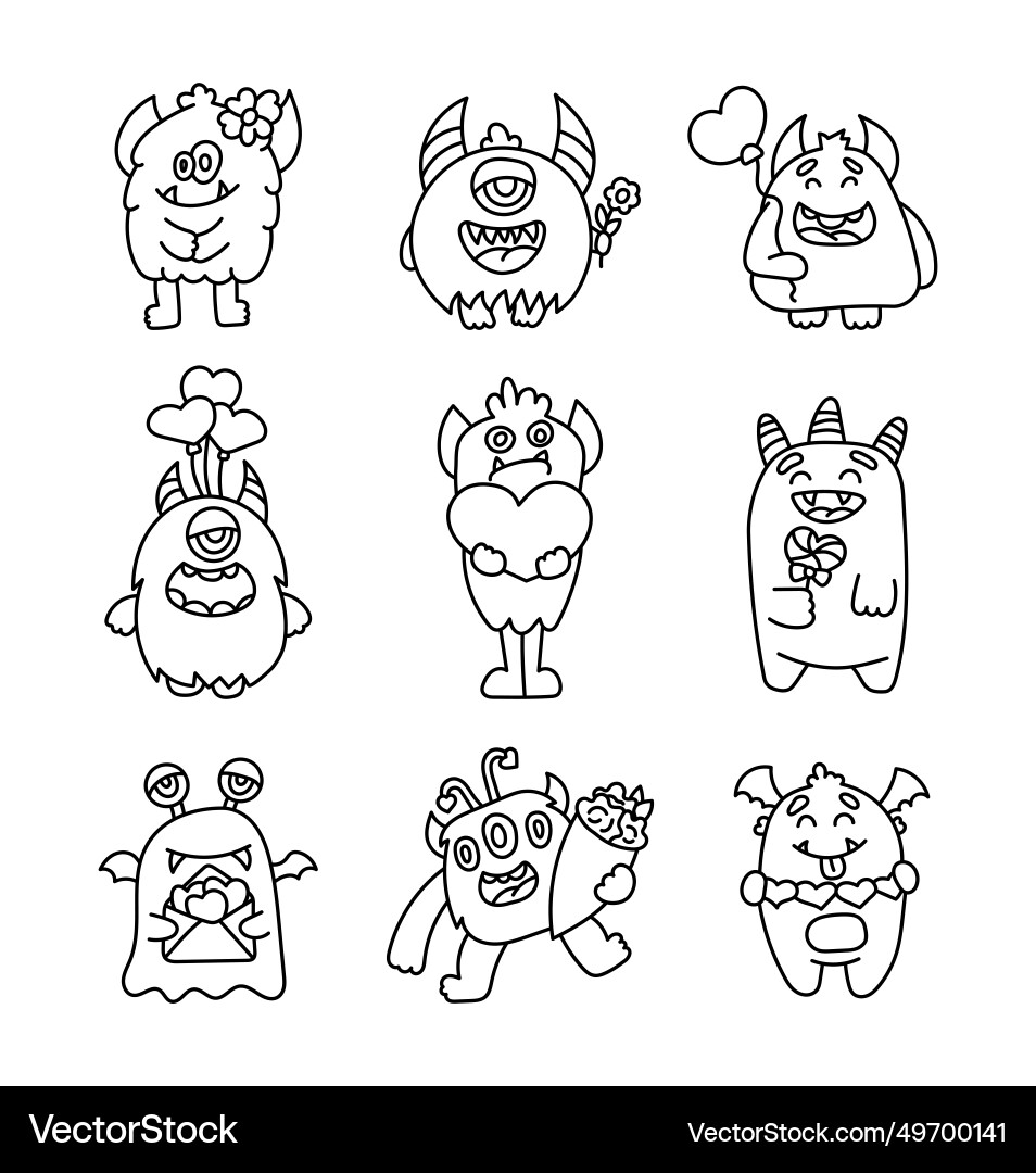 Cute monsters for valentines day coloring page Vector Image