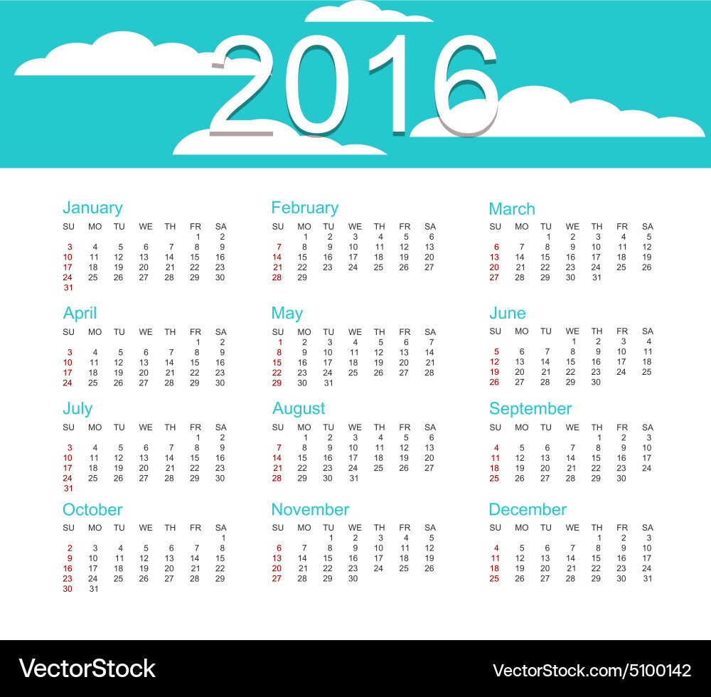 Calendar for 2016 year Royalty Free Vector Image