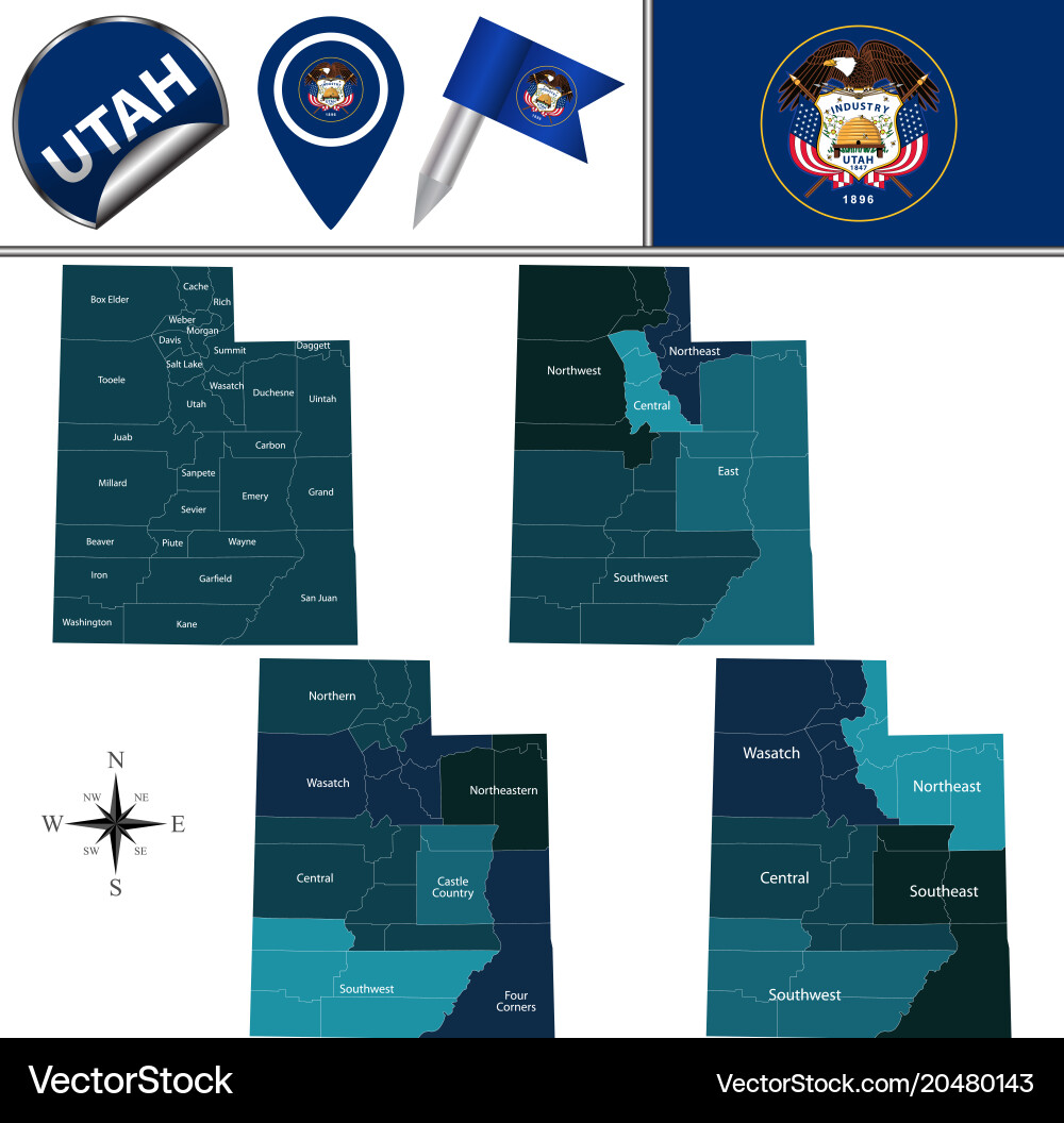 Map of utah with regions Royalty Free Vector Image