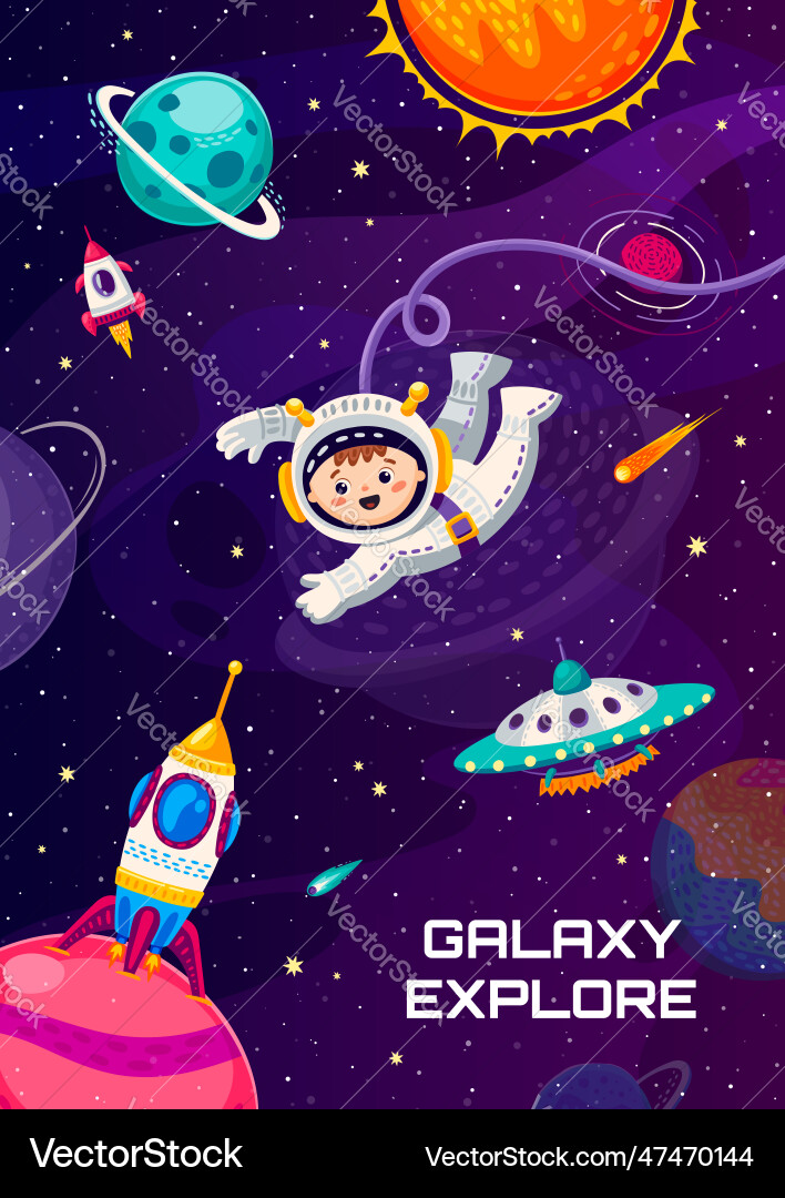 Cartoon space poster with kid astronaut character Vector Image