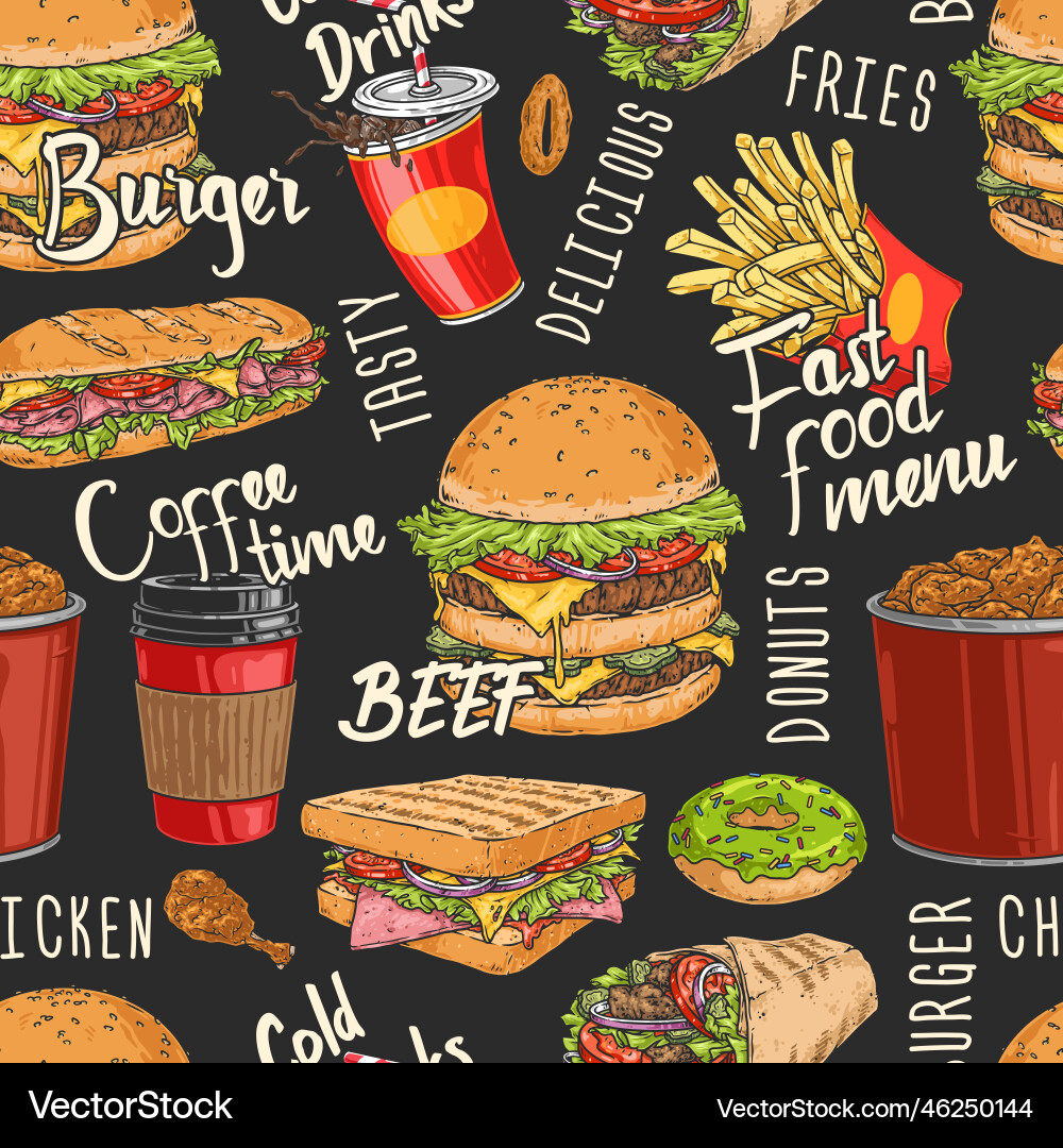Fast food colorful seamless pattern Royalty Free Vector