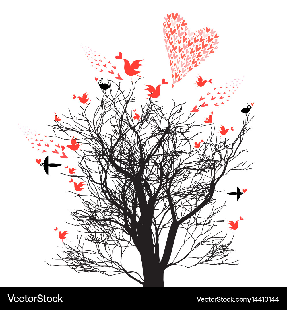 Graphics design tree with love birds and hearts Vector Image