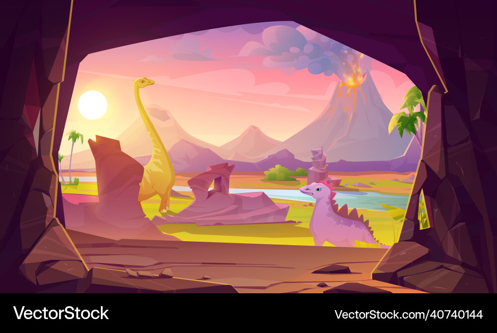 Prehistoric scene with dinosaurs volcano and cave Vector Image