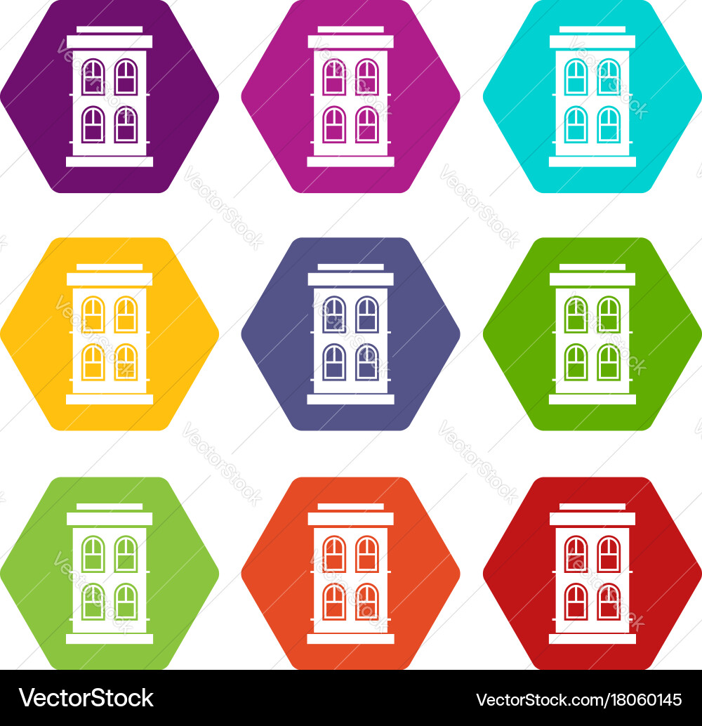 Two-storey house with large windows icon set color