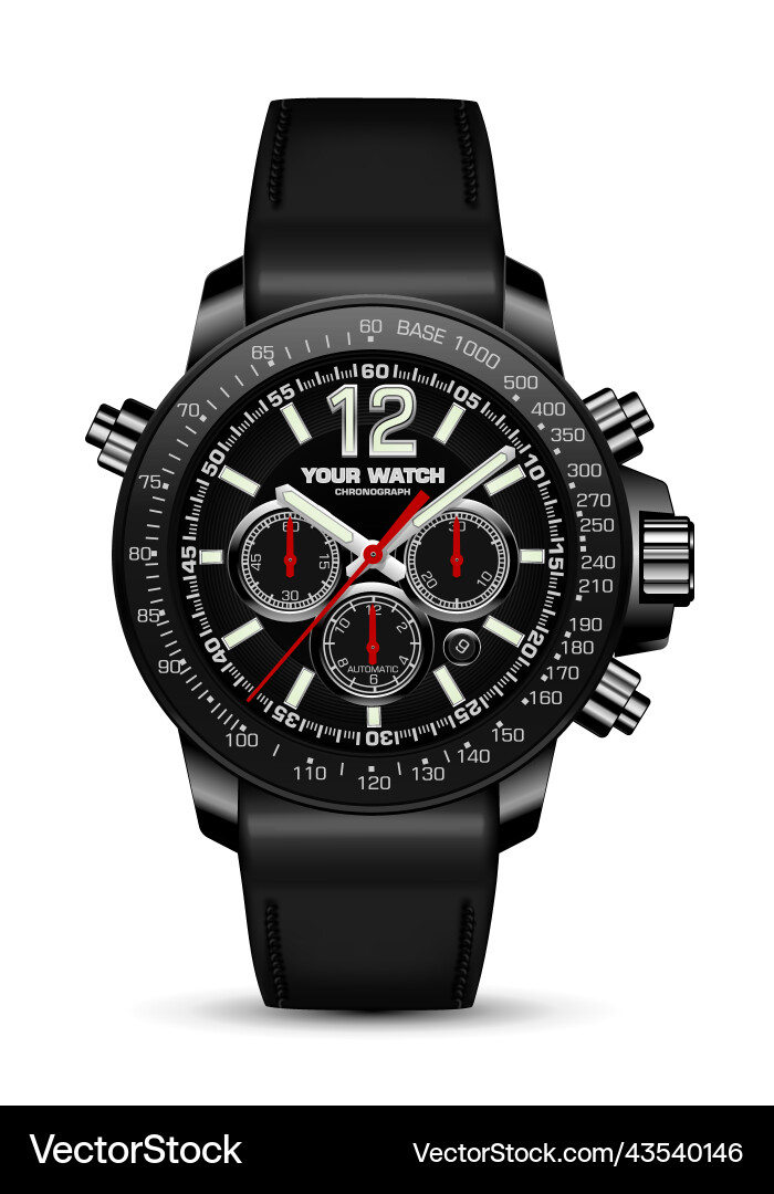 Realistic watch clock chronograph black face red Vector Image