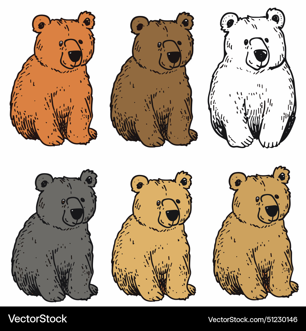 Set six cute cartoon bears colorful Royalty Free Vector