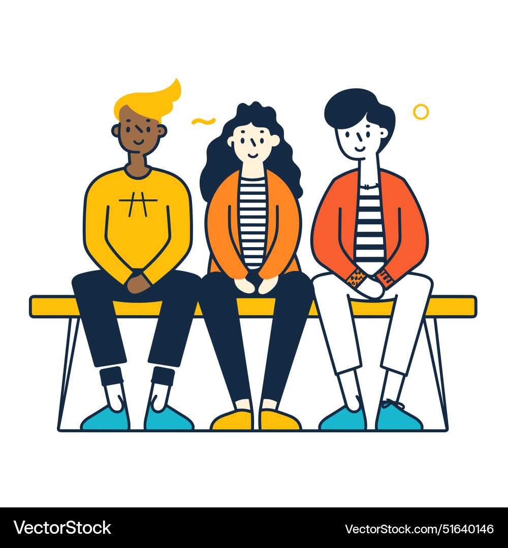 Three people sitting bench diverse group casual Vector Image
