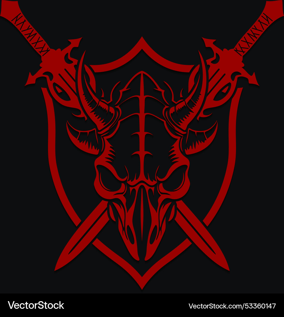 Demon skull with shield and swords heraldry logo Vector Image