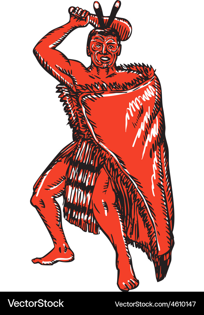 Maori chief warrior holding patu etching Vector Image