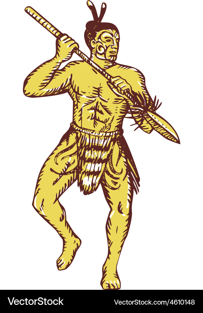 Maori chief warrior holding taiaha etching Vector Image