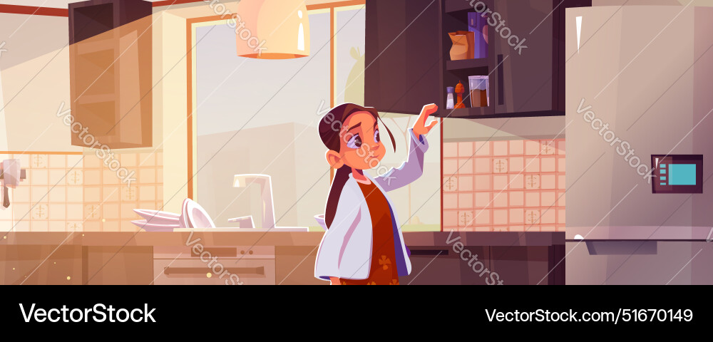 Girl kid open cupboard shelf on kitchen for jar Vector Image