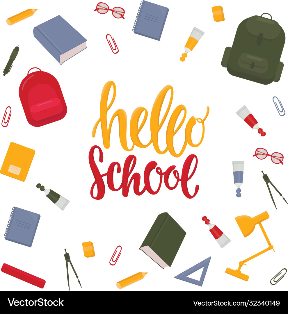 Hello school - sign with stationery Royalty Free Vector