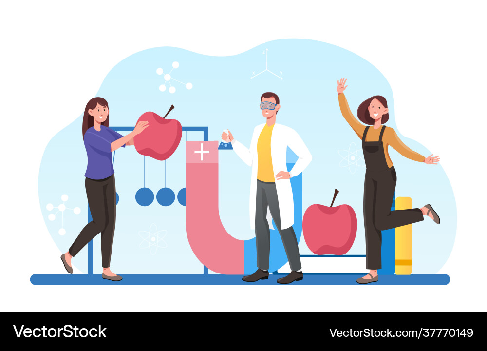Physics lab with working tiny people Royalty Free Vector