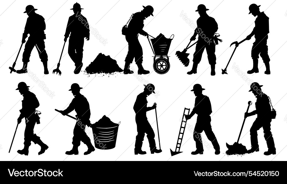 Silhouettes of workers with various tools Vector Image