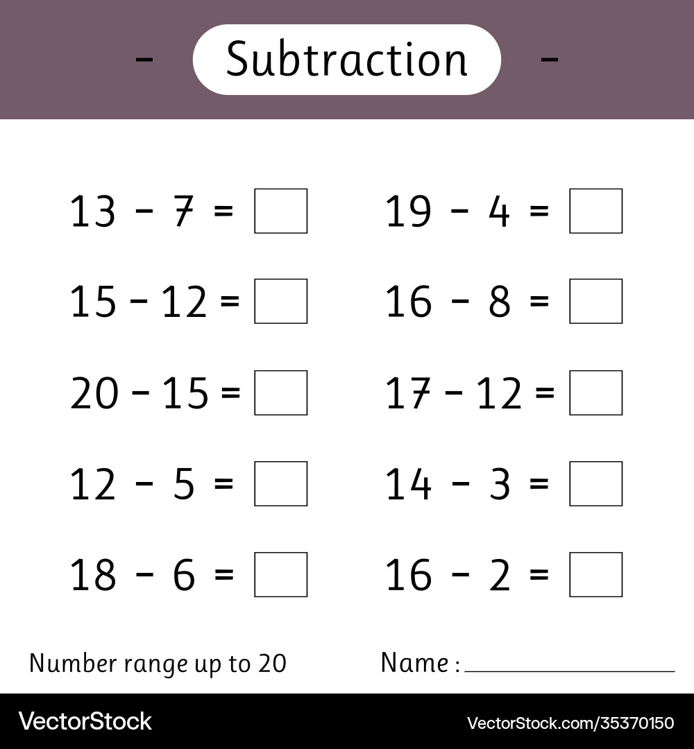 Subtraction Math Worksheet - Numbers 1 to 20 Vector Image