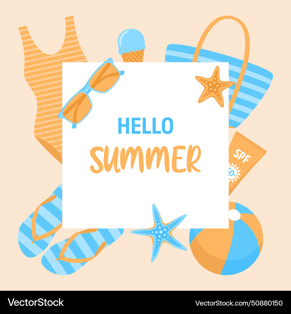 Summer square template with beach items frame in Vector Image