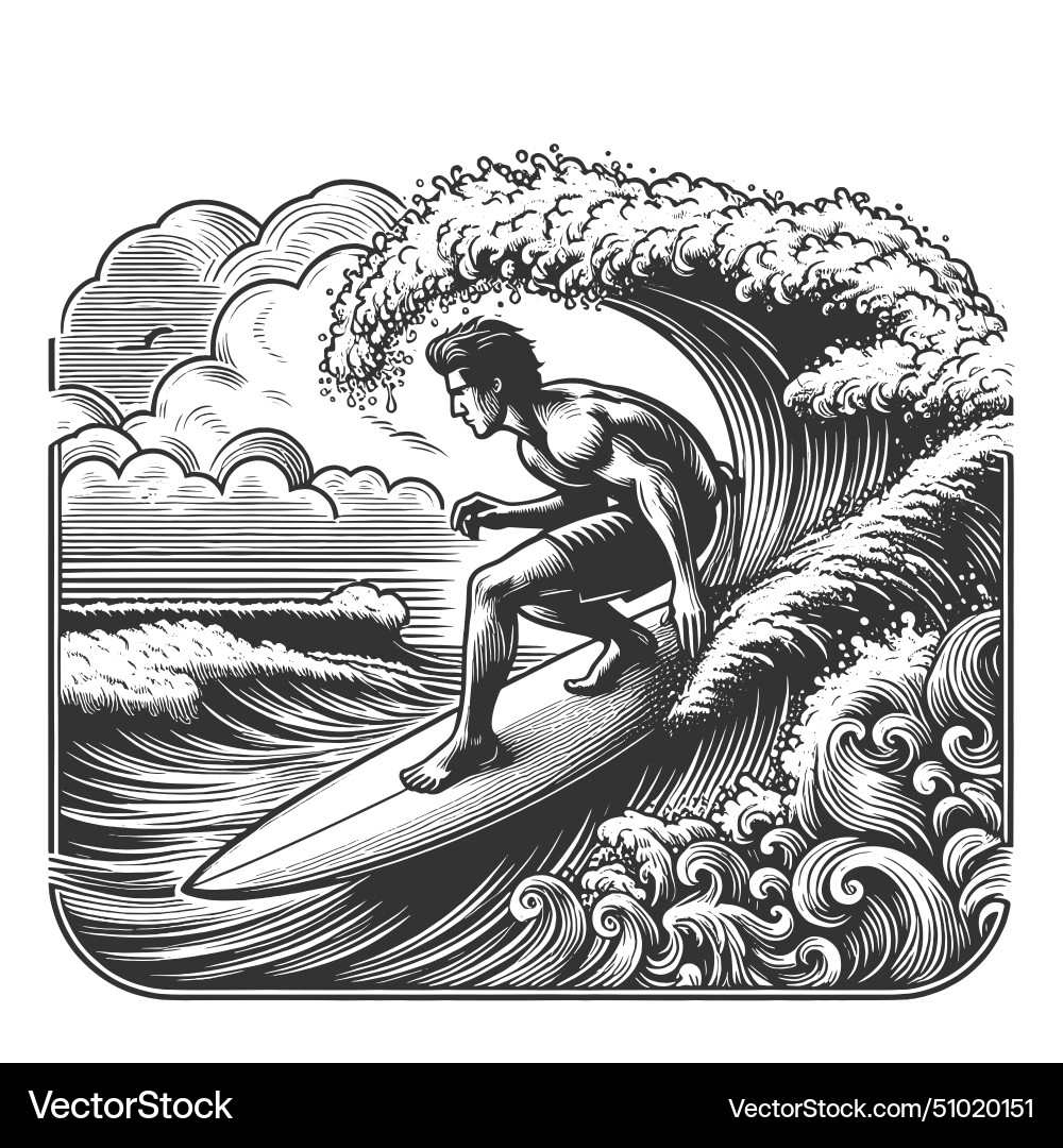 Surfer catching wave engraving Royalty Free Vector Image