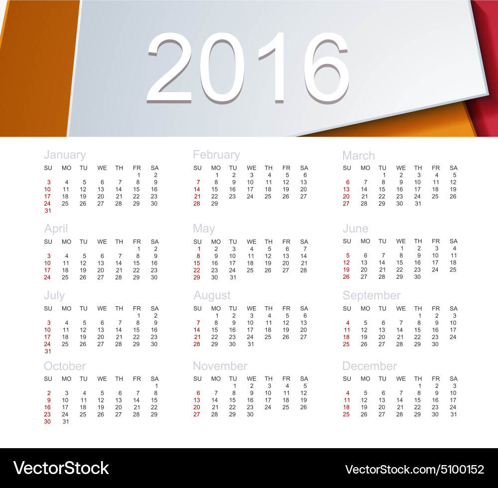 Calendar for 2016 year Royalty Free Vector Image