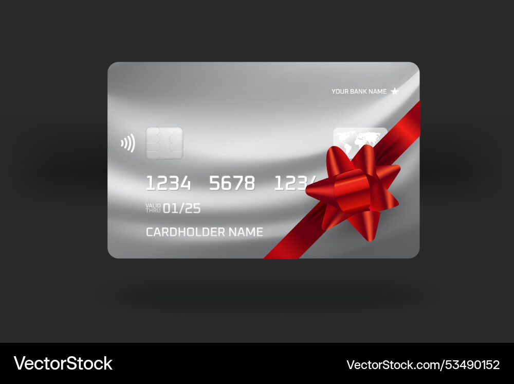 Silver banking card with red ribbon 3d Royalty Free Vector