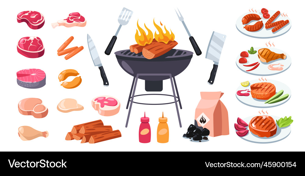 Barbecue grill cartoon bbq elements set brazier Vector Image