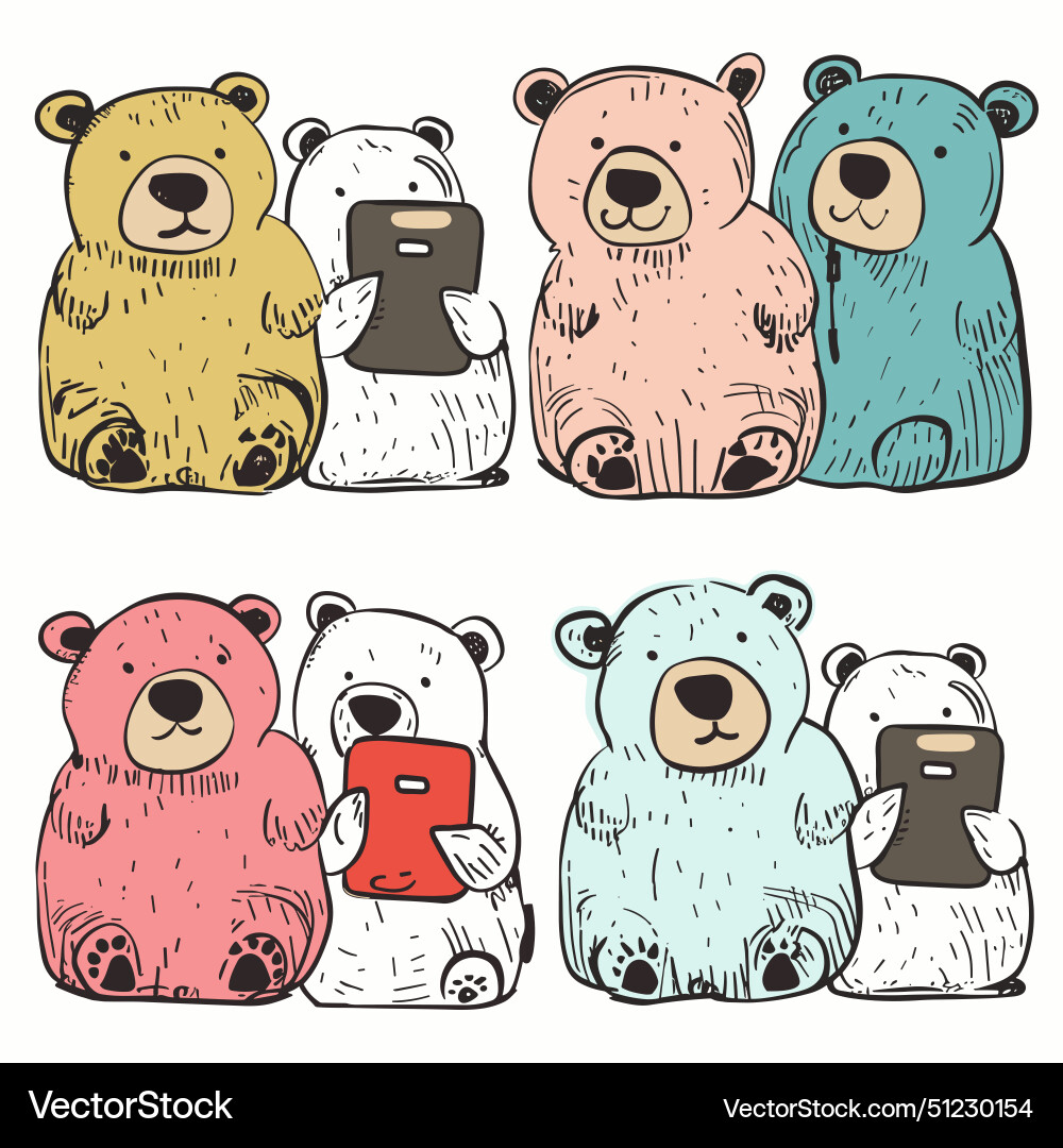 Cartoon bears using smartphones vivid colors Vector Image