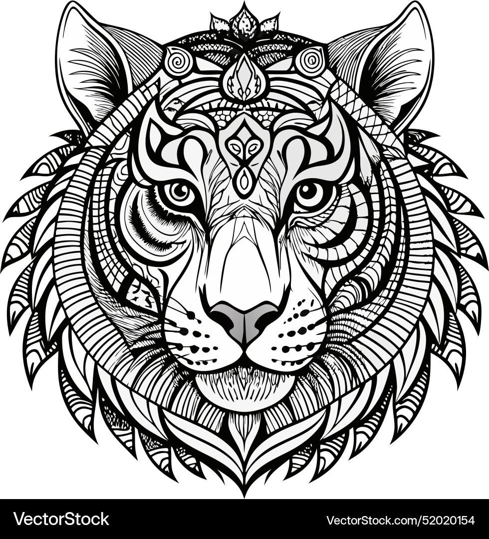 Tiger head mandala entangle coloring page Vector Image