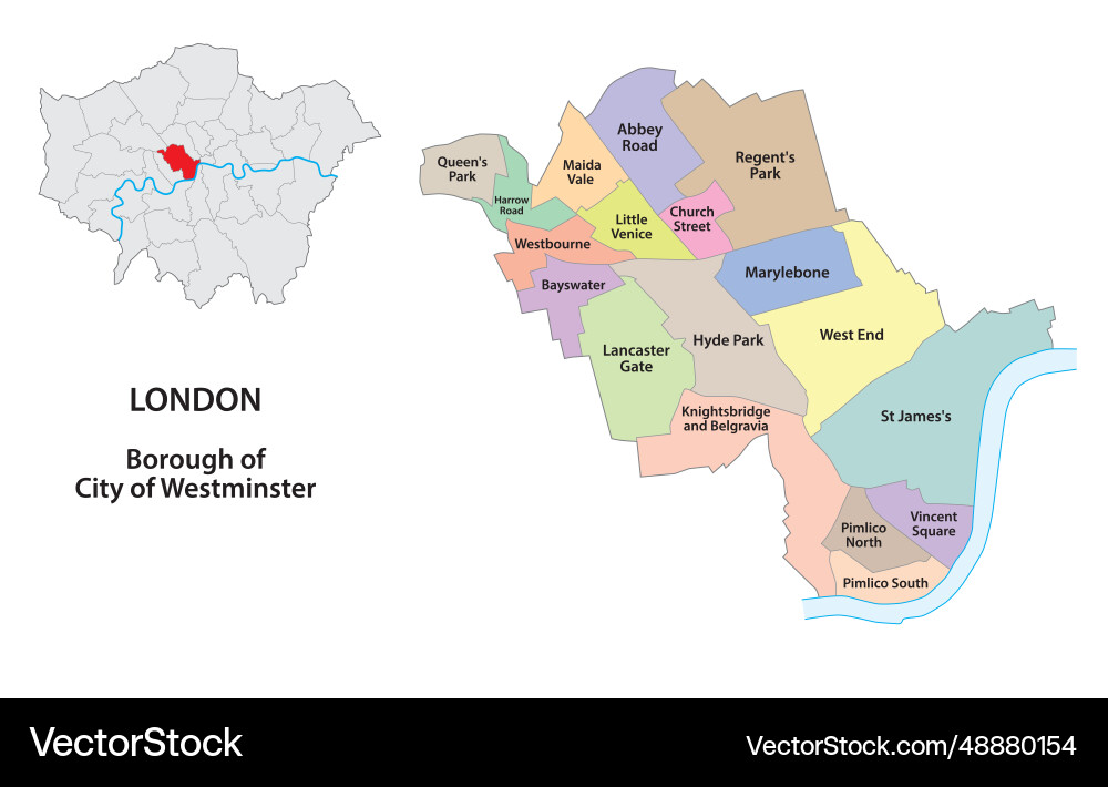 Westminster Wards Map - London, UK Royalty Free Vector Image