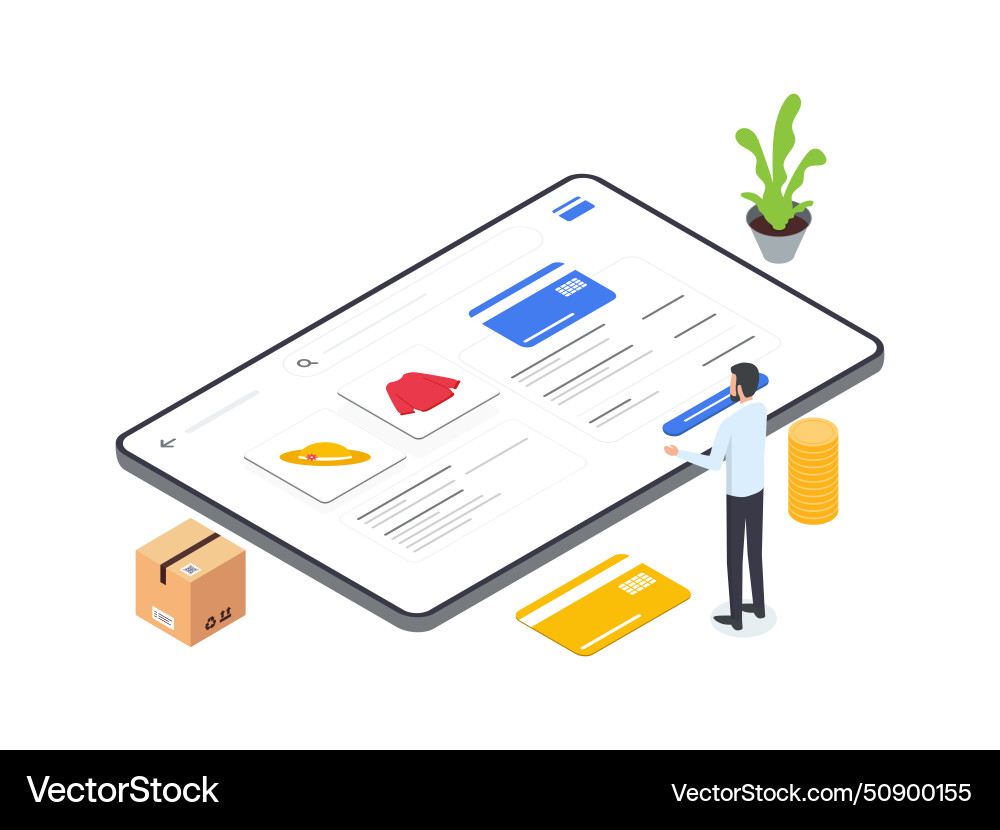 Flat isometric of a man using computer Royalty Free Vector